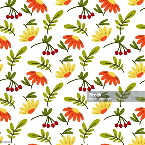 가을 요소 열매 잎 가지 꽃과 함께 벡터 완벽 한 패턴 자연스러운 질감의 수동 적용 흰색 바탕에 녹색 노란색 주황색의 만화 요소가 있는 평평한 질감 10월에 대한 스톡 벡터