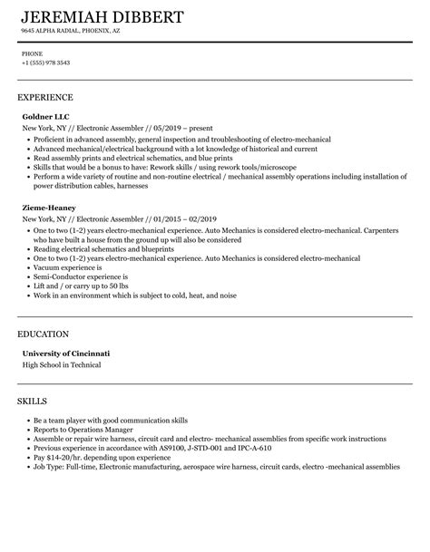Electronic Assembler Resume Samples Velvet Jobs