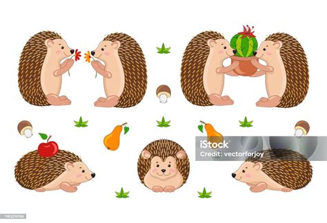 귀여운 만화 고슴도치 사과 배 버섯 선인장 꽃과 잔디의 벡터 세트입니다 가시에 대한 스톡 벡터 아트 및 기타 이미지 가시 가을 갈색 Istock