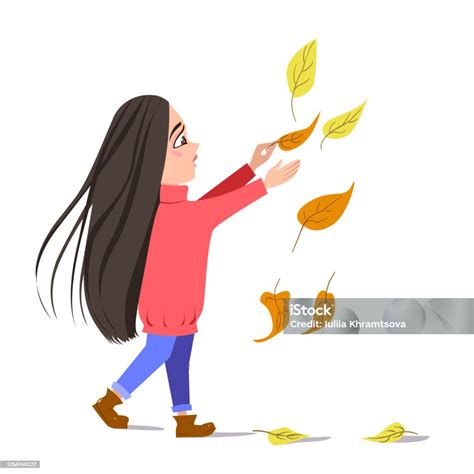떨어지는 나뭇잎에서 춤추는 소녀의 벡터 플랫 일러스트 빨간 스웨터를 입은 검은 머리의 소녀 계절의 가을 인사 스톡 일러스트레이션 가을에 대한 스톡 벡터 아트 및 기타 이미지