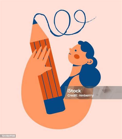 Menggambar Menulis Membuat Desain Blogging Konsep Kerja Wanita Imut Dengan Pensil Besar Orang