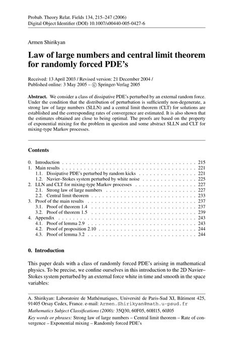 Pdf Law Of Large Numbers And Central Limit Theorem For Randomly Forced Pdes