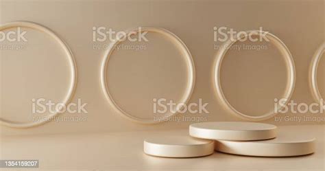베이지 색 벽에 장식 반지와 둥근 단계 연단 돌 디스플레이 제품을 위해 빈 기하학적 단계 플랫폼 또는 받침대를 모의합니다 파스텔 색상의 미니멀 스튜디오 룸 3d 렌더