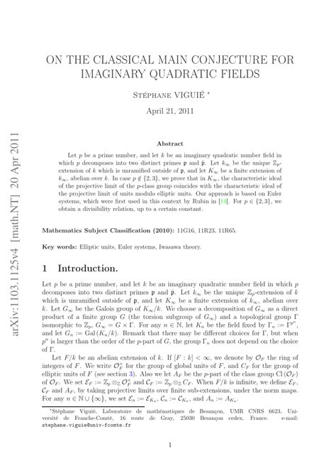 Pdf On The Classical Main Conjecture For Imaginary Quadratic Fields