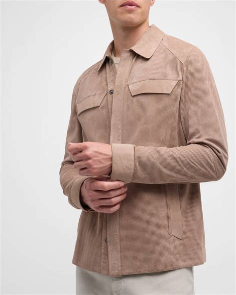 Pal Zileri Mens Perforated Suede Overshirt Neiman Marcus