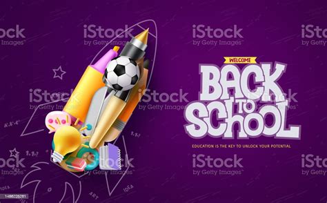 학교 벡터 디자인으로 돌아갑니다 로켓 발사 창작 예술의 교육 항목이 포함된 학교 인사말 텍스트에 다시 오신 것을 환영합니다 개념에 대한 스톡 벡터 아트 및 기타 이미지