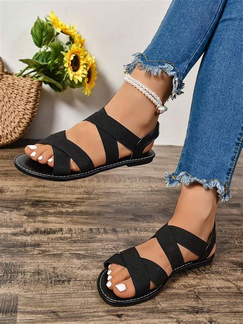 Womens Flat Sandals Fashionable Criss Cross Elastic Strap Solid Color