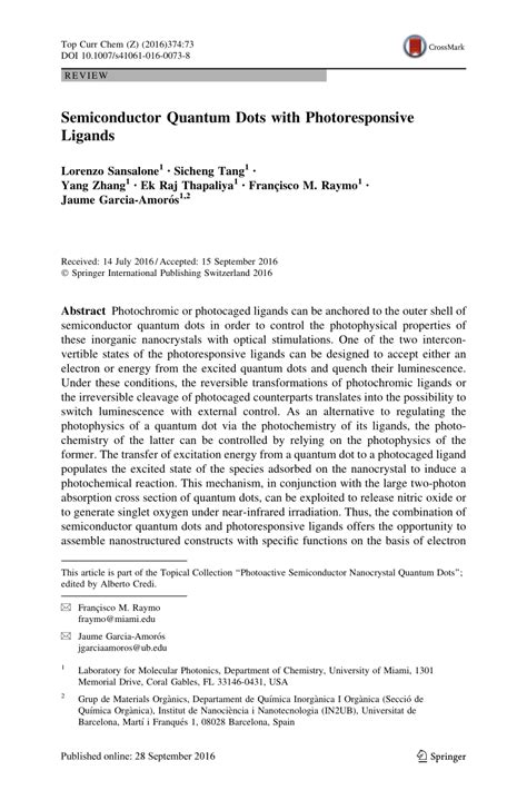 Pdf Semiconductor Quantum Dots With Photoresponsive Ligands