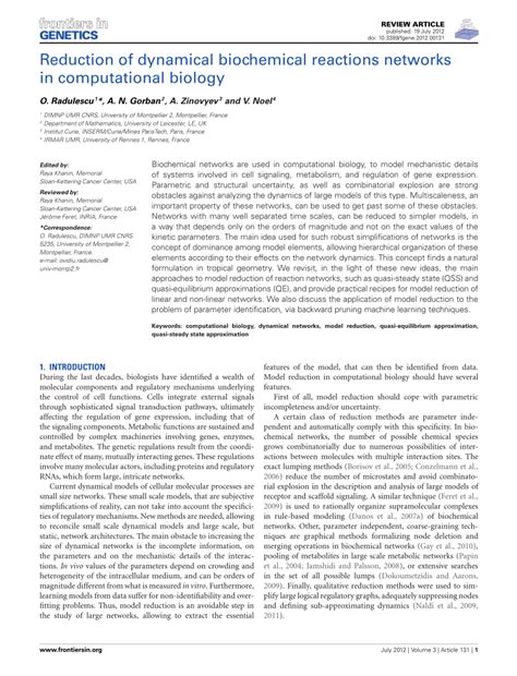 Pdf Reduction Of Dynamical Biochemical Reaction Networks In Computational Biology