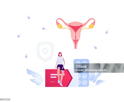 산부인과 및 여성 생식 시스템 질병 치료 개념 벡터 플랫 의료 인 일러스트 의학 상자에 앉아 여성 환자 자궁 내부 기관 헬스