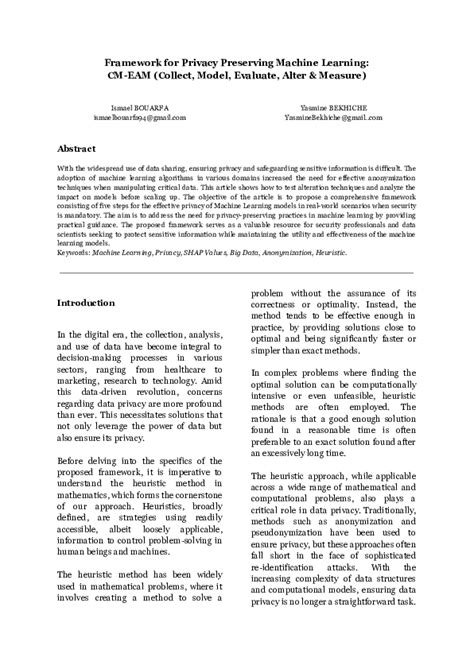 Pdf Framework For Privacy Preserving Machine Learning Cm Eam