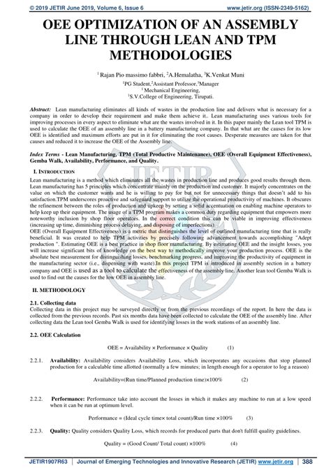 Pdf Oee Optimization Of An Assembly Line Through Lean And Tpm
