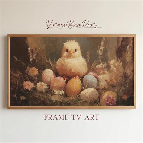Vintage Easter Chick Frame Tv Art Rustic Spring Painting With Floral Eggs Dark Botanical