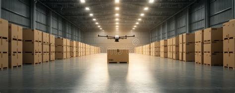 Autonomous Delivery Drone Transporting Cardboard Package Across Robotic Warehouse Interior Stock
