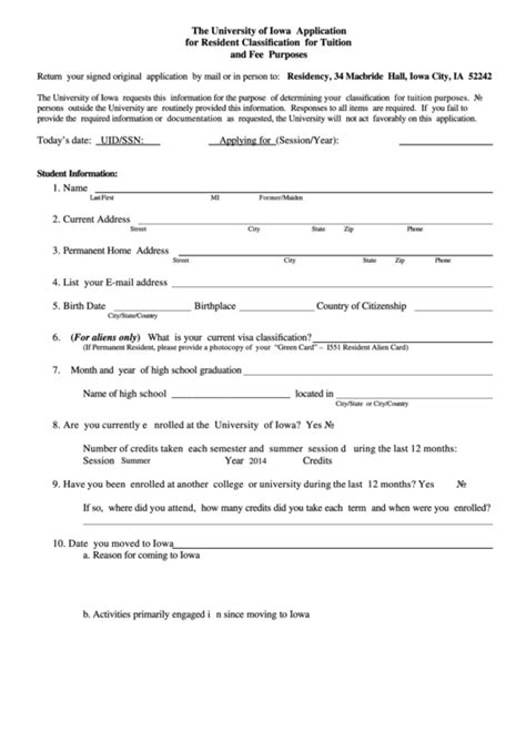 Fillable Application For Resident Classification Printable Pdf Download