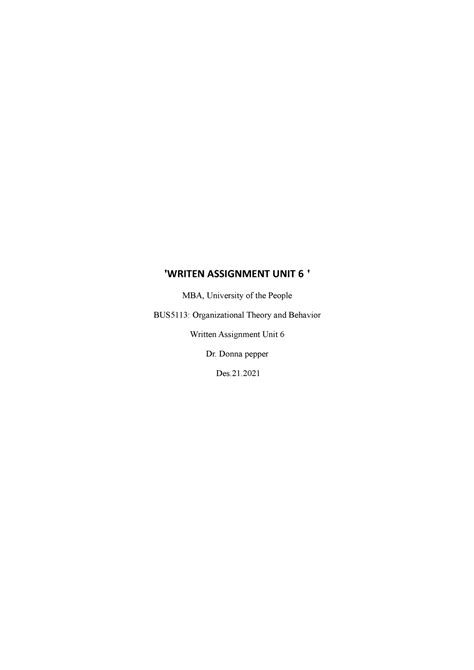 Writen Assignment Unit 6 Ob Writen Assignment Unit 6 Mba