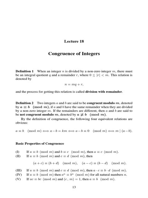 Training 18 Congruence Of Integers Pdf Integer Mathematical Concepts