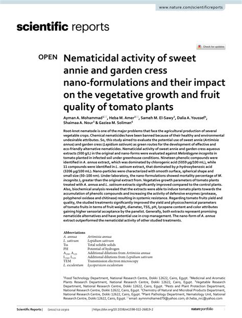 Pdf Nematicidal Activity Of Sweet Annie And Garden Cress Nano Formulations And Their Impact On