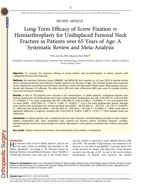 Pdf Long‐term Efficacy Of Screw Fixation Vs Hemiarthroplasty For Undisplaced Femoral Neck