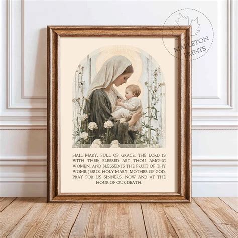 Hail Mary Vintage Painting Print Christian Catholic Wall Art Digital