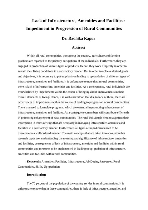 Pdf Lack Of Infrastructure Amenities And Facilities Impediment In Progression Of Rural