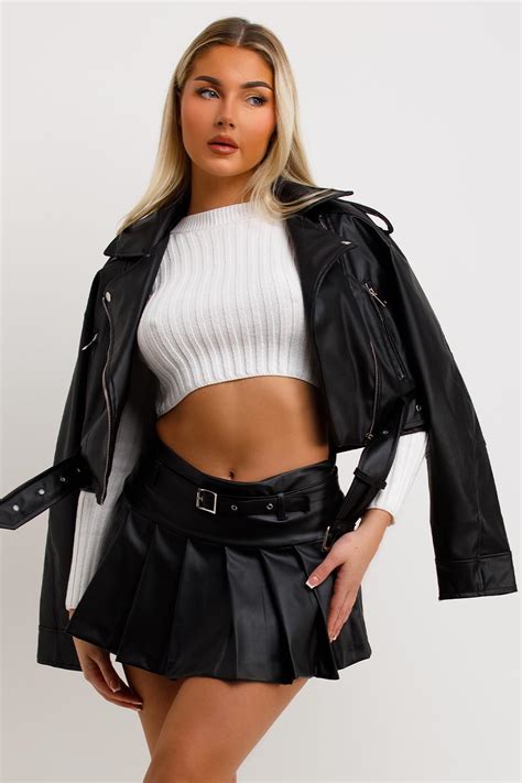 Faux Leather Pleated Mini Skirt Black Going Out Festival Rave Outfit