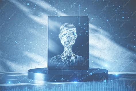 흐릿한 배경 신원 기술 및 보안 개념 이중 노출에 추상 디지털 지문 사람 또는 사람 실루엣으로 받침대에 태블릿 닫습니다 프리미엄 사진