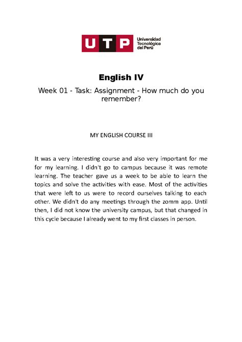 Week 01 Task Assignment How Much Do You Remember I Didnt Go To Campus Because It Was
