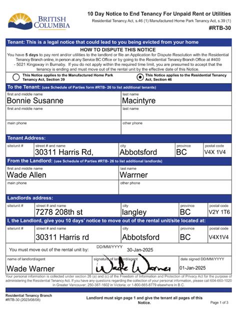 10 Day Notice To End Tenancy Rtb 30 Inddbon Pdf
