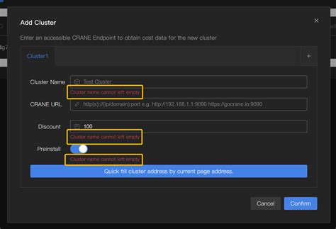 v0 7 0 crane dashboard add cluster view the required field validation