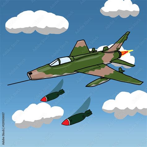 Hand Drawn Cartoon Illustration Of Military Aircraft Dropping Bombs