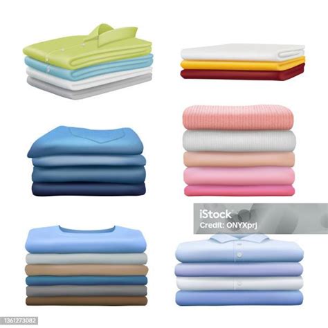옷 더미 현실적인 유행 쌓여 세탁 컬러 의류 바지 셔츠 재킷 괜찮은 벡터 사진 세트 고립 의류에 대한 스톡 벡터 아트 및 기타