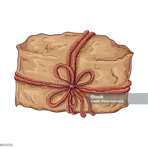 손으로 그린 선물 일러스트레이션 갈색 공예 종이 포장 패키지 코드 또는 꼬기 빈티지 선물 상자 아이콘 흰색 배경에 격리된 현재 또는 용지 포장 된 구획 스케치 문자열 활