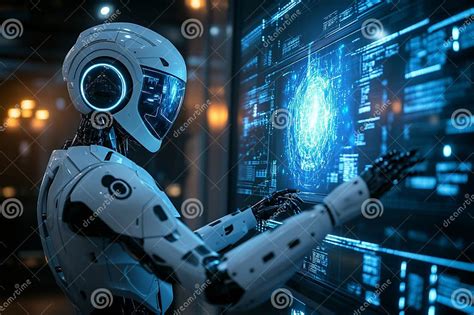 Humanoid Robot Interacting with Holographic Interface, AI Generated Stock Illustration ...