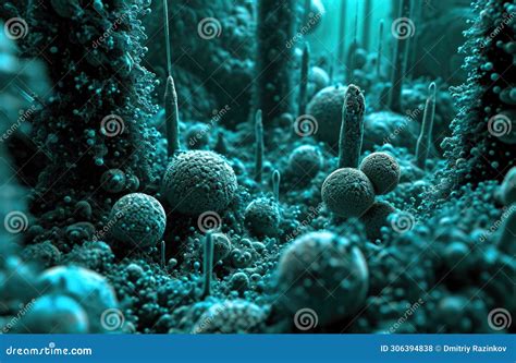 Teal Microscopic Landscape Of Cellular Structures And Fungi Spores For Biology Research Stock