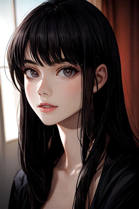 A Close Up Of A Woman With Long Black Hair And Bangs Seaart Ai