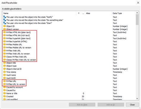 examples of m files link placeholders in notifications
