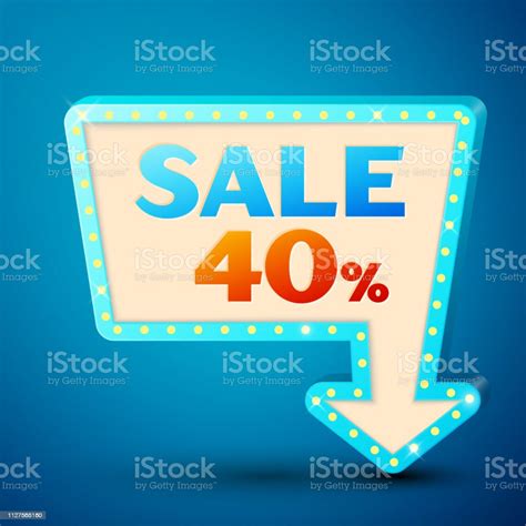 램프 및 화살표 비문 판매 40 할인을 가진 파란 배경에 빛나는와 복고풍 광고 판 비즈니스 배너 홍보 포스터 밝은 간판 쇼핑