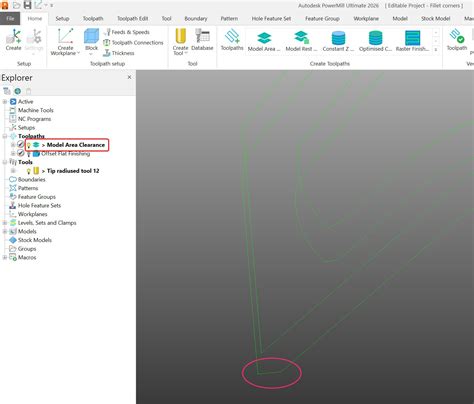 Model Area Clearance Toolpath Shows A Cut Off Fillet Corner In Powermill