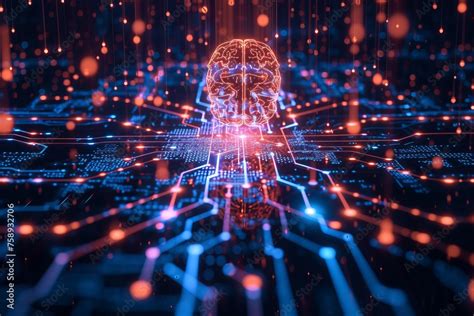 Close Up Neural Circuit And Electronic Cyberbrain On The Surface Of A Computer Motherboard With