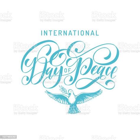 국제의 날 평화 손으로 글자를 벡터 흰색 바탕에 팜 분기와 비둘기의 그려진된 그림 9월에 대한 스톡 벡터 아트 및 기타 이미지 9월 International Day