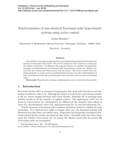 Pdf Synchronization Of Non Identical Fractional Order Hyperchaotic Systems Using Active Control