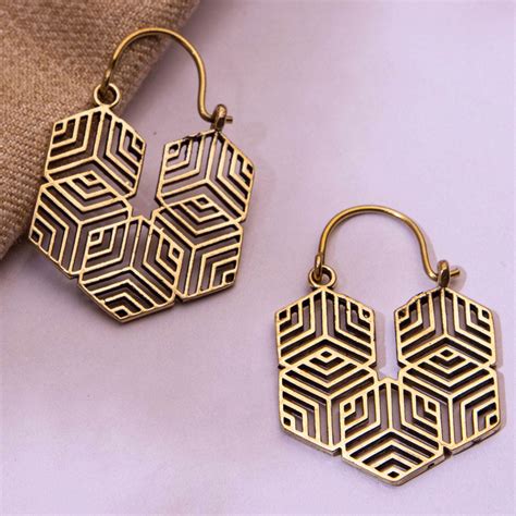 Buy Handmade Brass Modern Hoop Earrings Geometric Pattern Online On