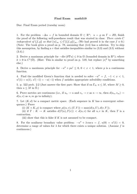 Past Final Exam On Applied Mathematics Math 519 Docsity