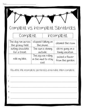 Complete Vs Incomplete Sentences By Shelbi Wong TPT