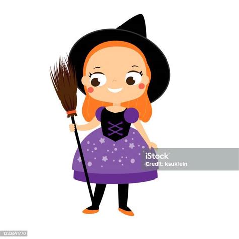 빗자루와 만화 할로윈 마녀 아이들을위한 의상을 입은 마술사 소녀의 귀여운 Charcter 10월에 대한 스톡 벡터 아트 및 기타