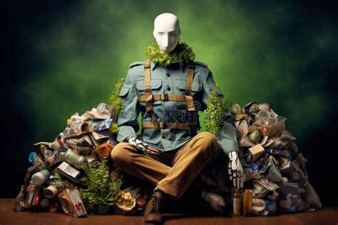 Robot Sitting On Pile Of Trash Recycle Concept Robot Perched Atop A