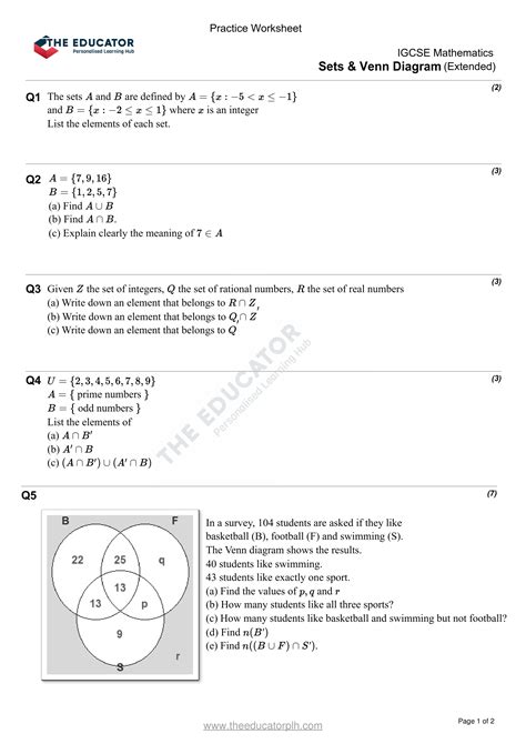 igcse sets and venn diagram extended practice worksheet