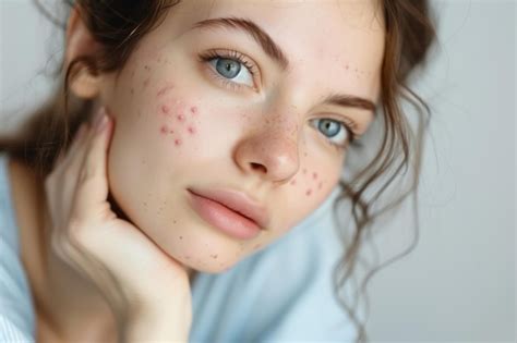 Young Woman With Acne Problem Posing For A Closeup Portrait Premium
