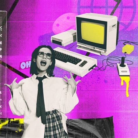 Retro Computer Setup With Yellow Screen And Stylish Young Woman In